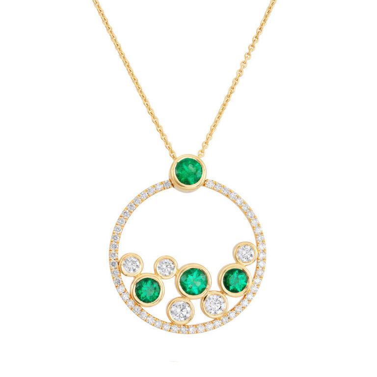 Emerald and diamond open circle cluster 18ct yellow gold pendant and ...