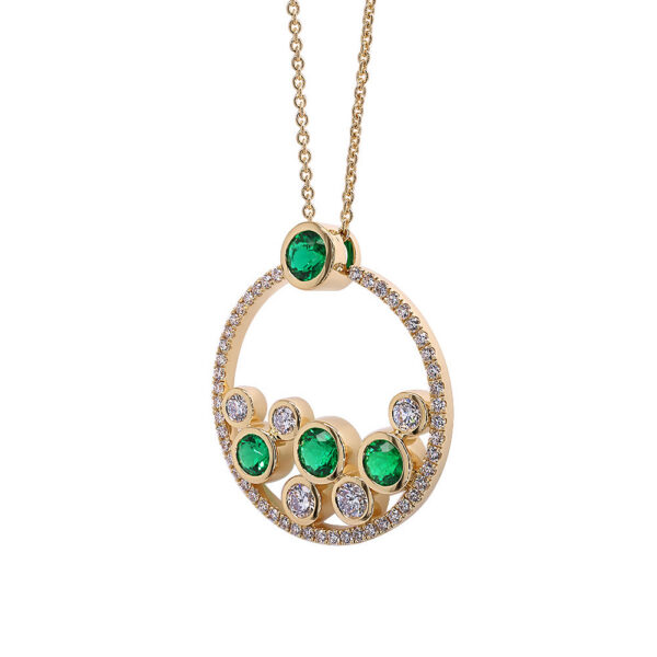 Emerald and diamond open circle cluster 18ct yellow gold pendant and ...